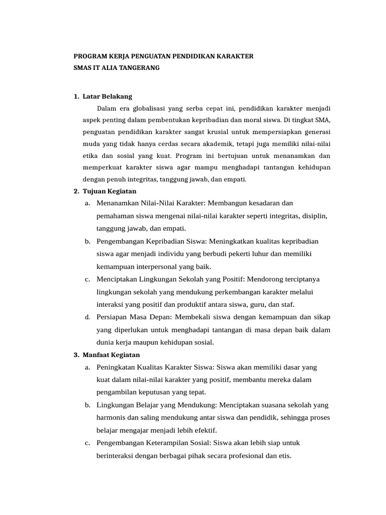 Program Kerja Penguatan Pendidikan Karakter | PDF