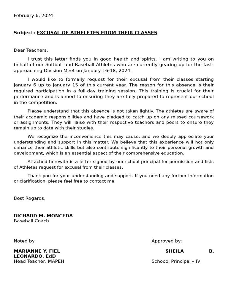 Excuse Letter For Athletes | PDF