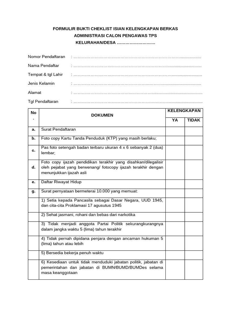 Cek List Kelengkapan Berkas | PDF
