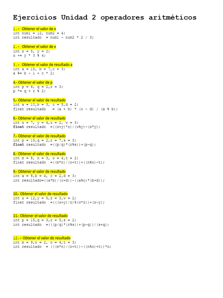 Ejercicios Operadores Matematicos Lenguaje C Propuestos | PDF