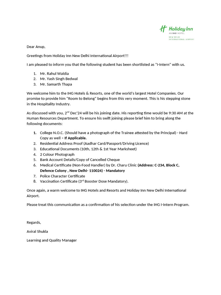 I-Intern Confirmation Letter - IHM Dehradun - Batch 2 | PDF