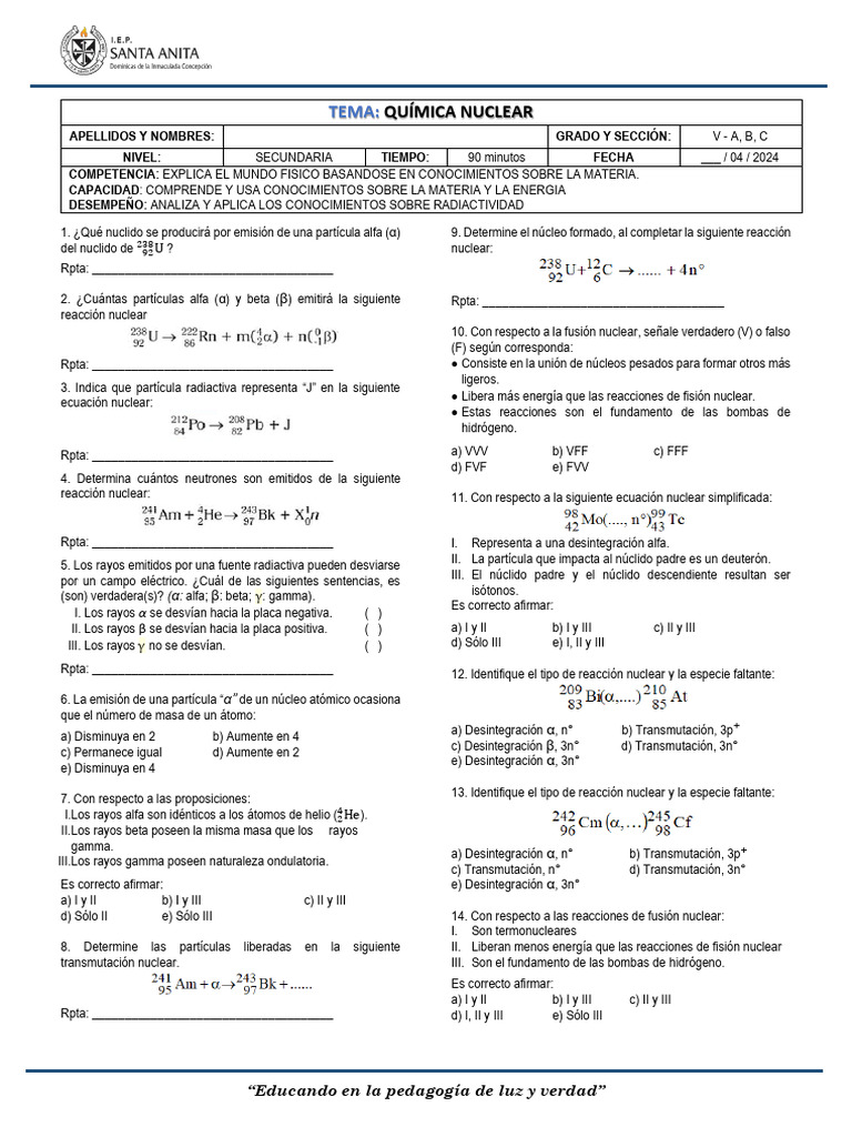 FICHA DE ACTIVIDADES -QUÍMICA NUCLEAR | PDF
