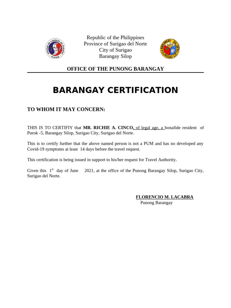 Barangay Certification - Pum | PDF