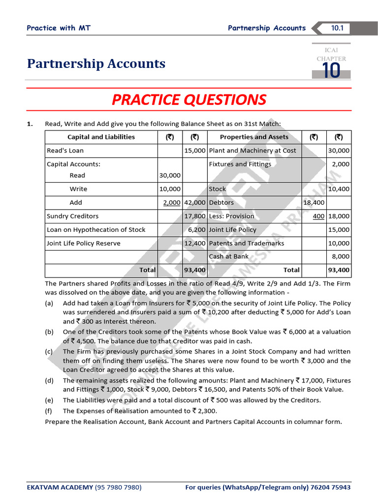 CHP 10 - Partnership Acounts - Practice Que Set 1 - May 2024 - Used | PDF | Book Value | Finance ...