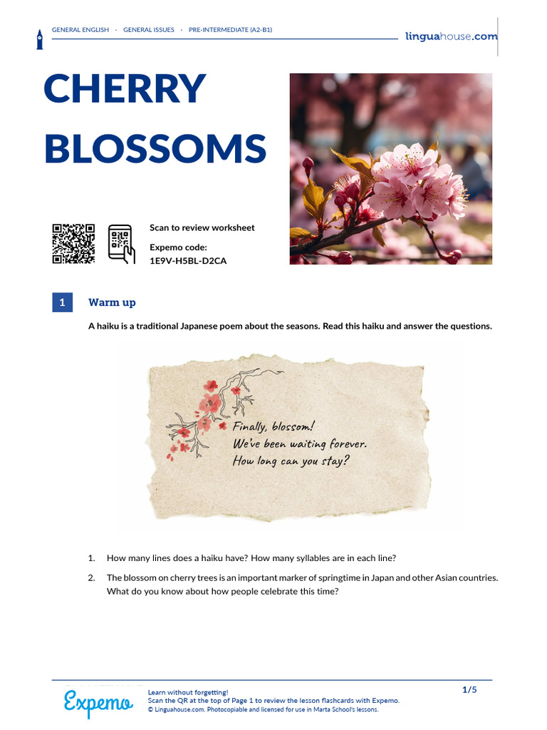 Cherry Blossoms British English Teacher A2 B1 | PDF