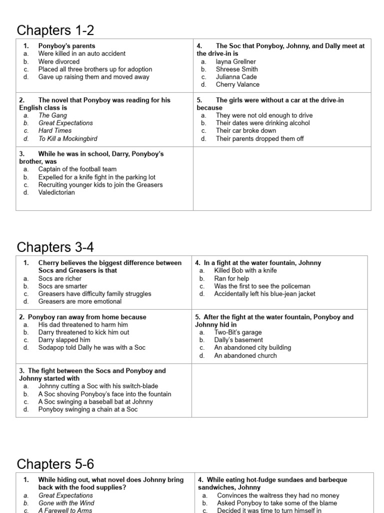 The Outsiders - Quick Quizzes | PDF