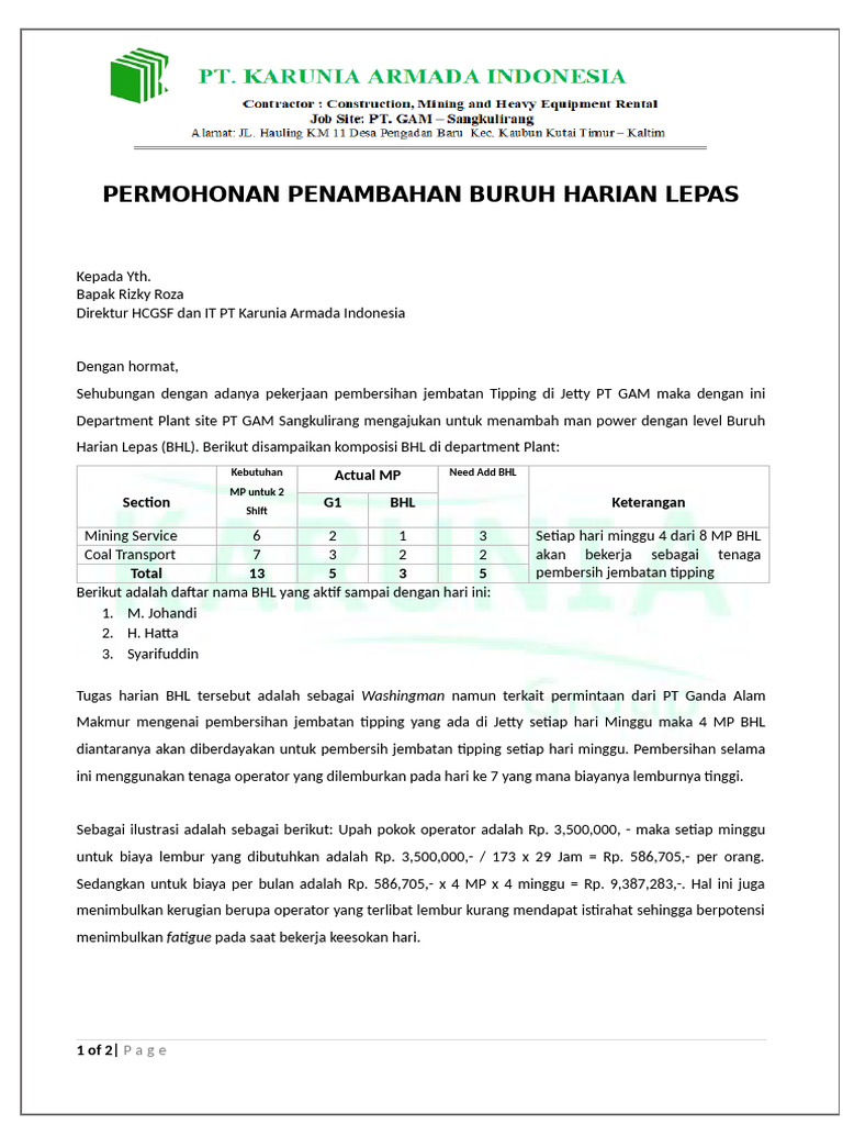 Permohonan Penambahan Buruh Harian Lepas | PDF