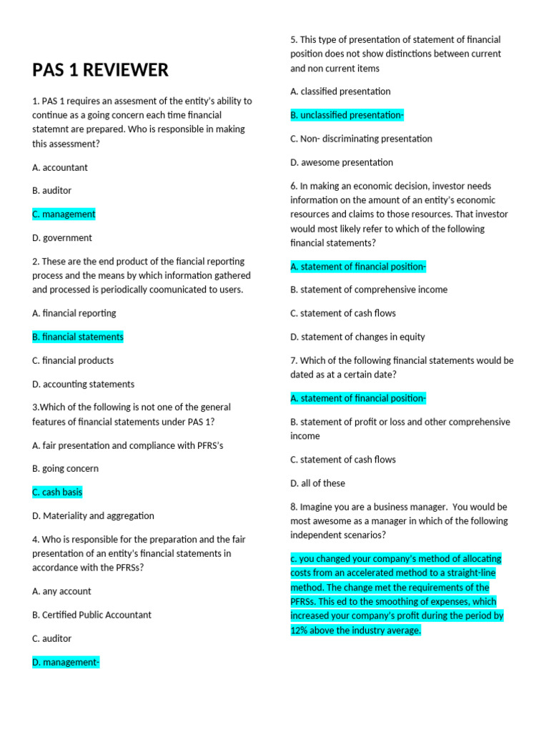 Pas 1 Reviewer | PDF | Financial Statement | Going Concern