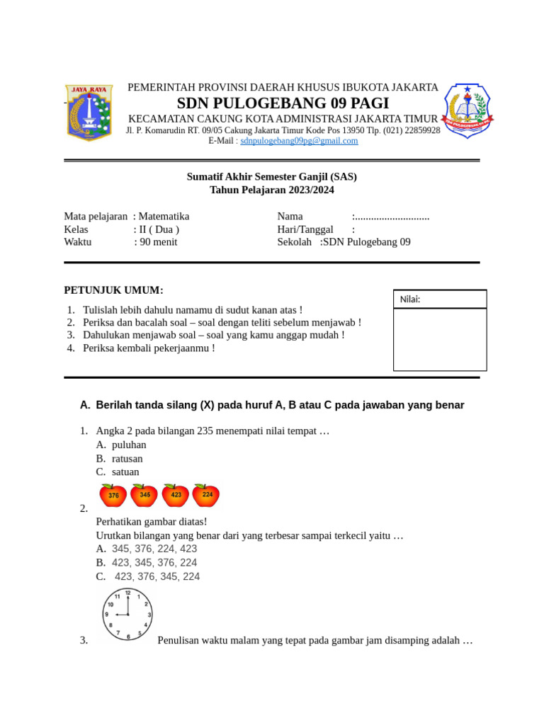 Soal Sas MTK Kelas 2 Wening Ica | PDF