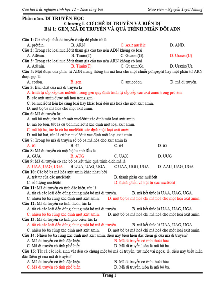 Cau Hoi Trac Nghiem Sinh Hoc 12 Theo Tung Bai Hoc Nguyen Tuyet Nhung | PDF