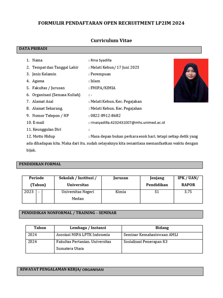 Formulir Pendaftaran Open Recruitment Lp2im 2024 | PDF