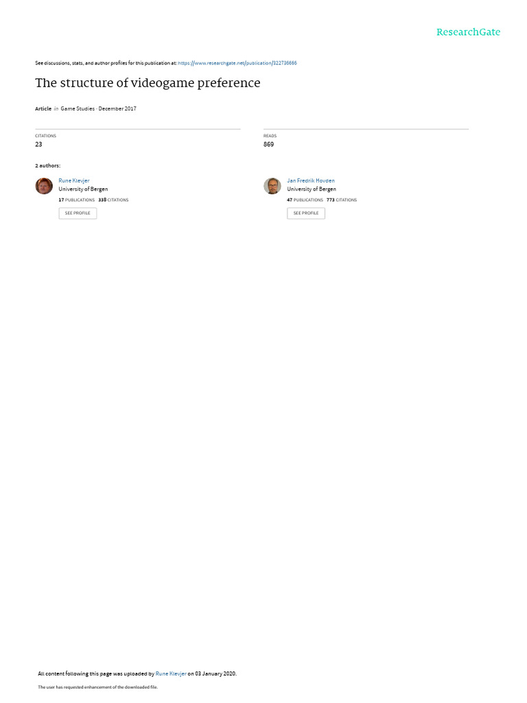 Klevjer Hovden The Structureof Videogame Preference 2017 Post Print | PDF