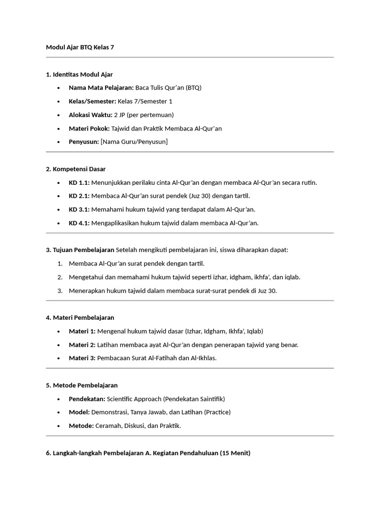Modul Ajar BTQ Kelas 7 | PDF