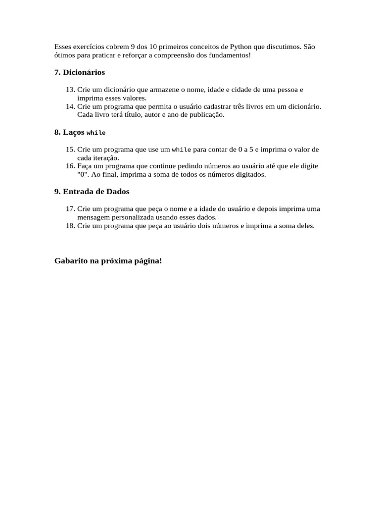 Exercícios sobre Python Parte 3 | PDF