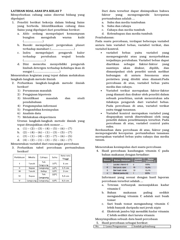 LATIHAN SOAL ASAS IPA KELAS 7 | PDF