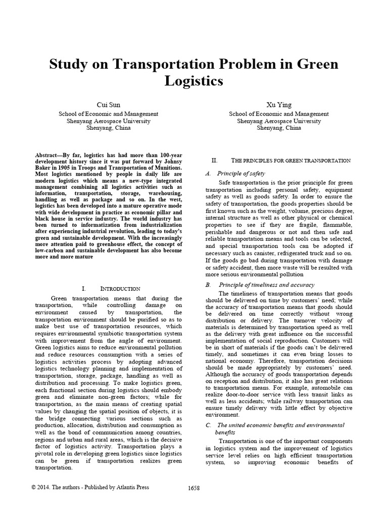 Study On Transportation Problem in Green Logistics: Cui Sun Xu Ying ...