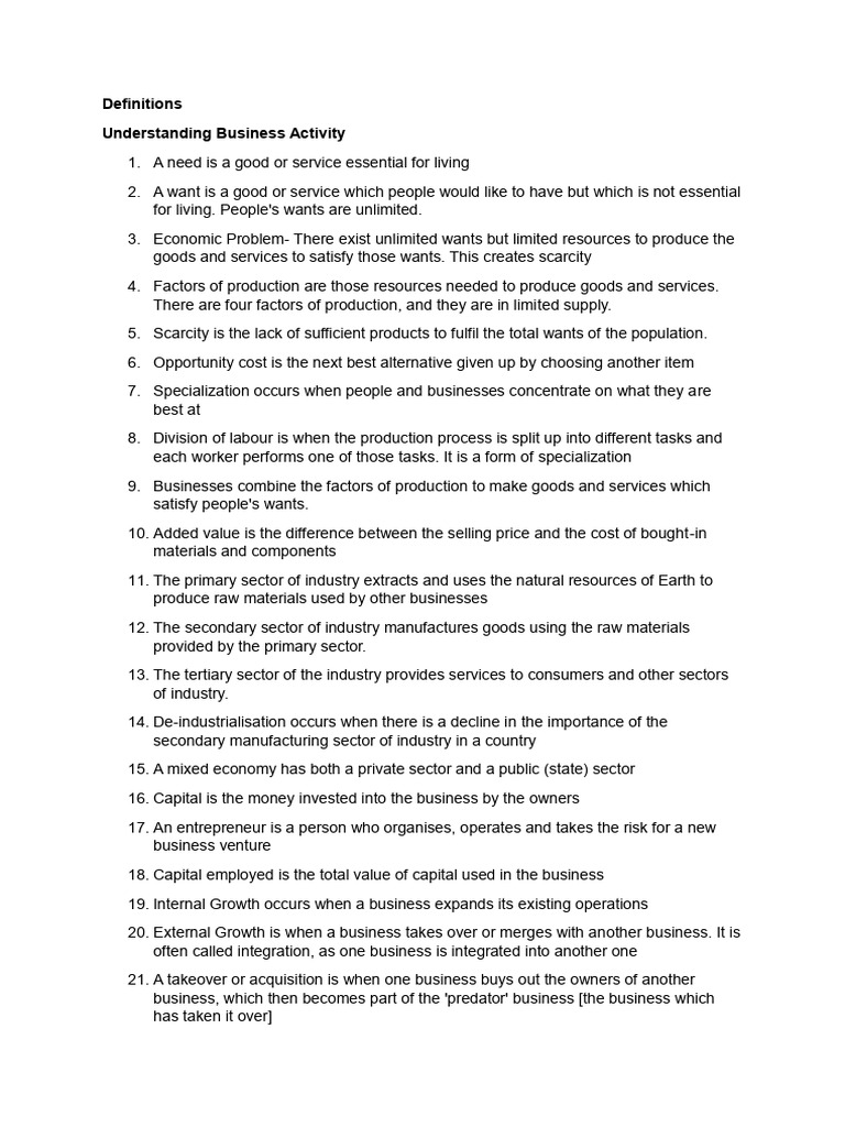 IGCSE Business Studies Definitions | PDF