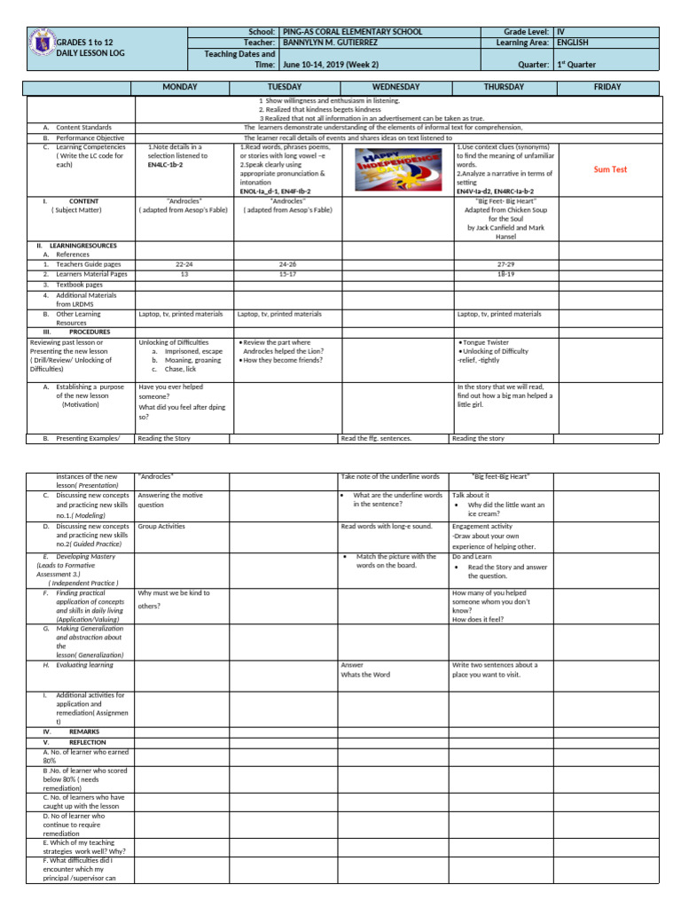ENGLISH 4 - Q1 - W2 DLL New | PDF