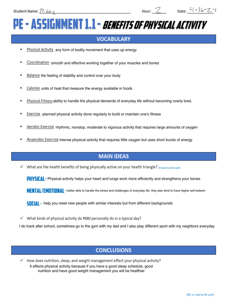 PE - Assignment 1.1 - Benefits of Physical Fitness | PDF