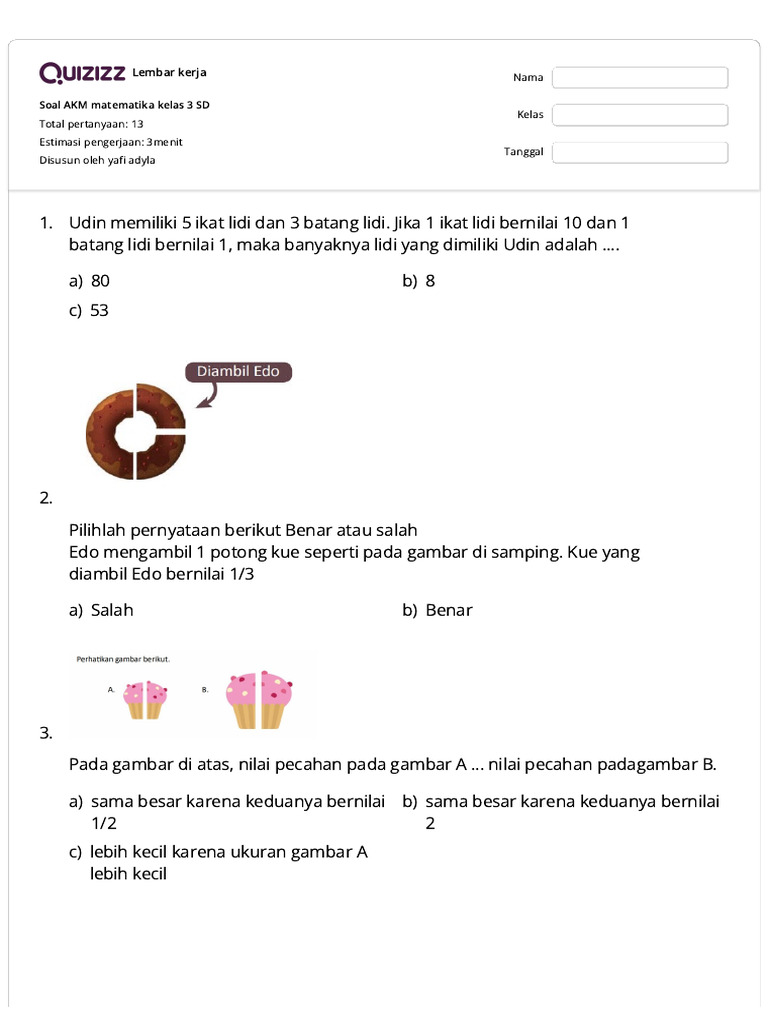 Soal AKM Matematika Kelas 3 SD - Quizizz | PDF