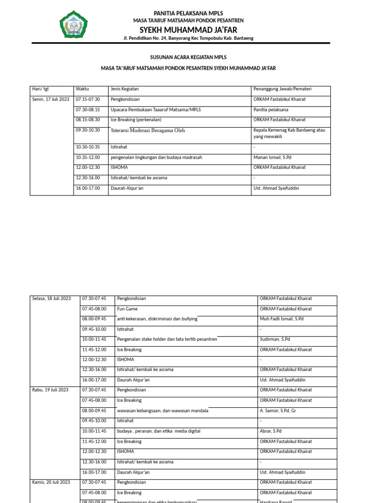 Contoh Susunan Acara Kegiatan MPLS | PDF