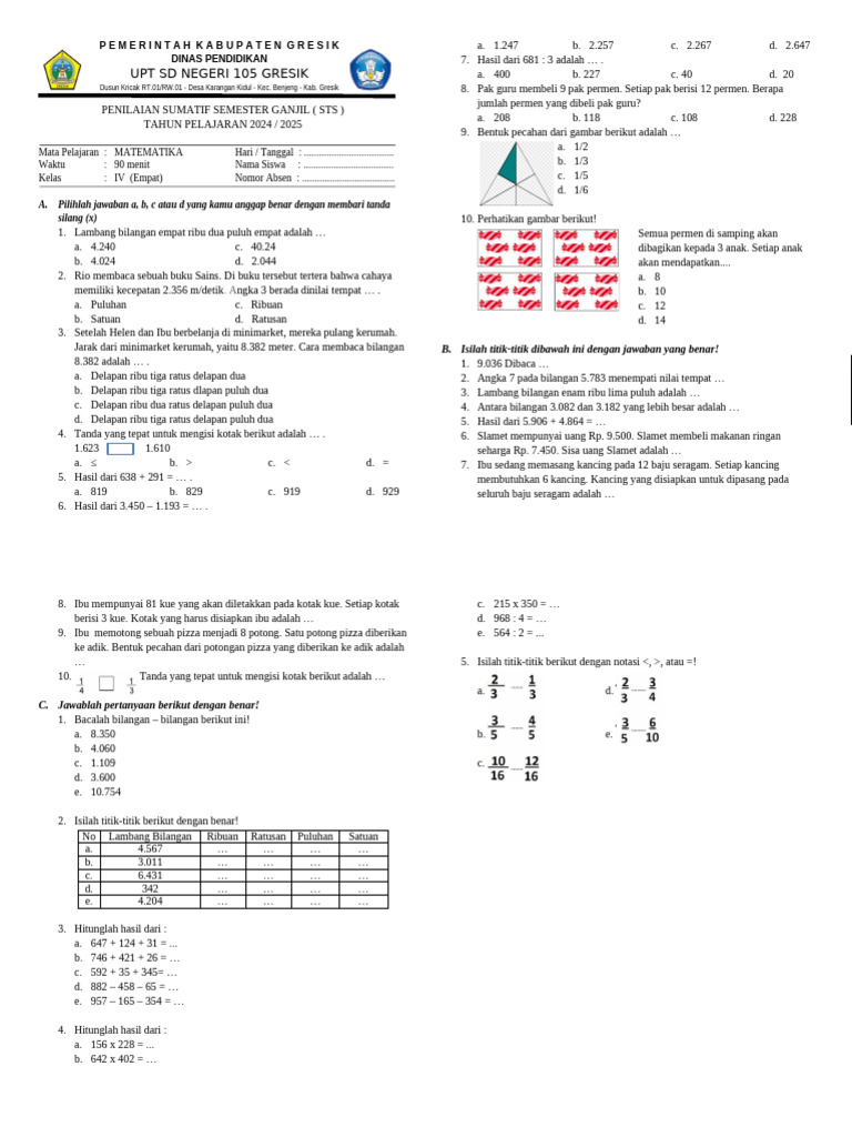 Soal STS Matematika Kelas 4 Kumer 2024-2025 | PDF