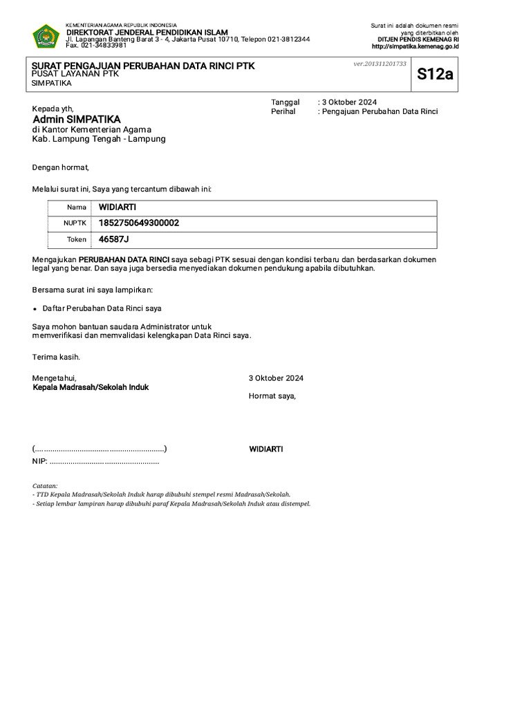 Admin Simpatika: Surat Pengajuan Perubahan Data Rinci PTK | PDF