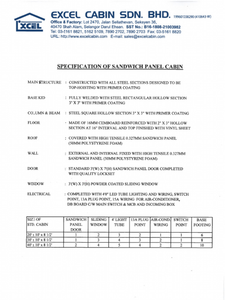 Specification Sandwich Panel Cabin | PDF