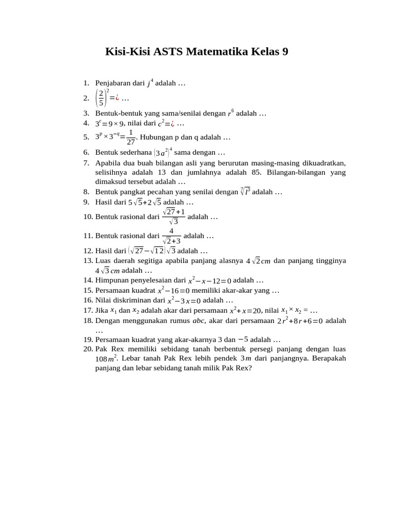 KISI-KISI ASTS MAT 9 SMT 1 | PDF