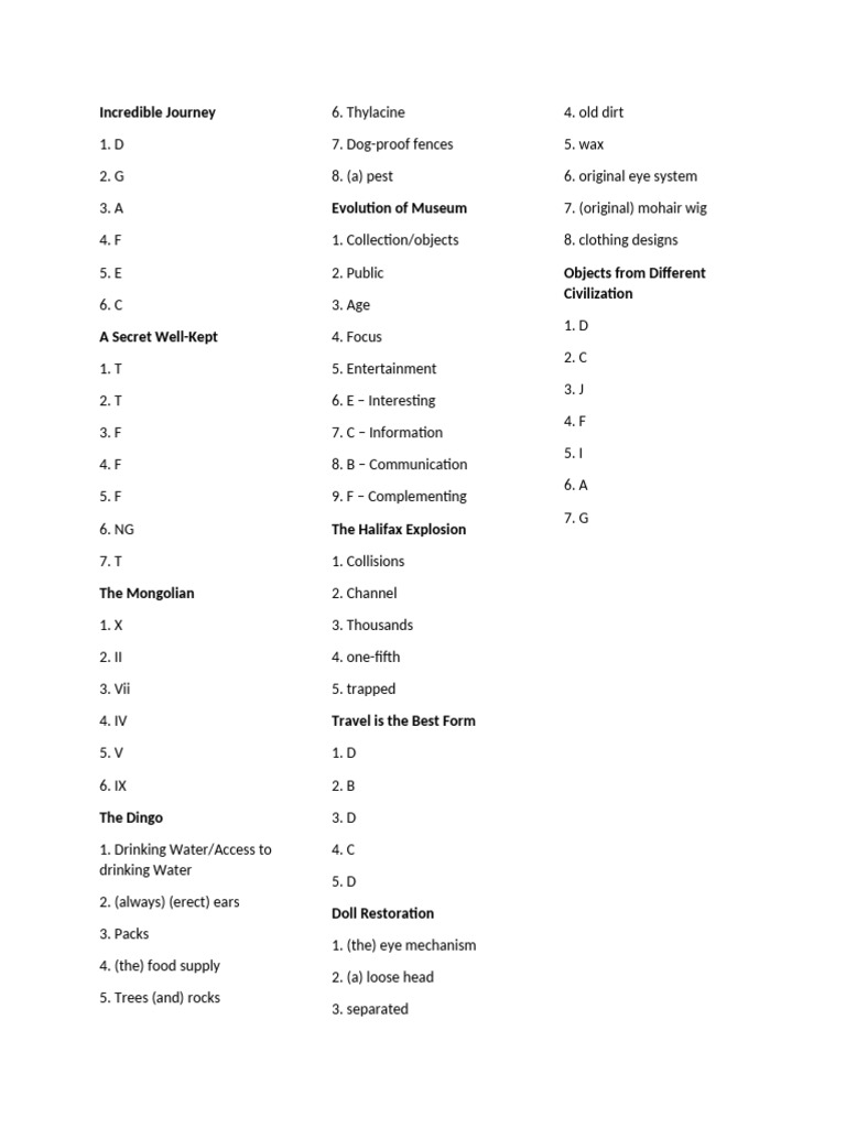 Incredible Journey ANSWETR KEY | PDF