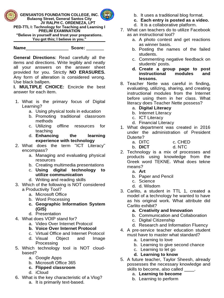 TTL 1 Prelim Exam | PDF