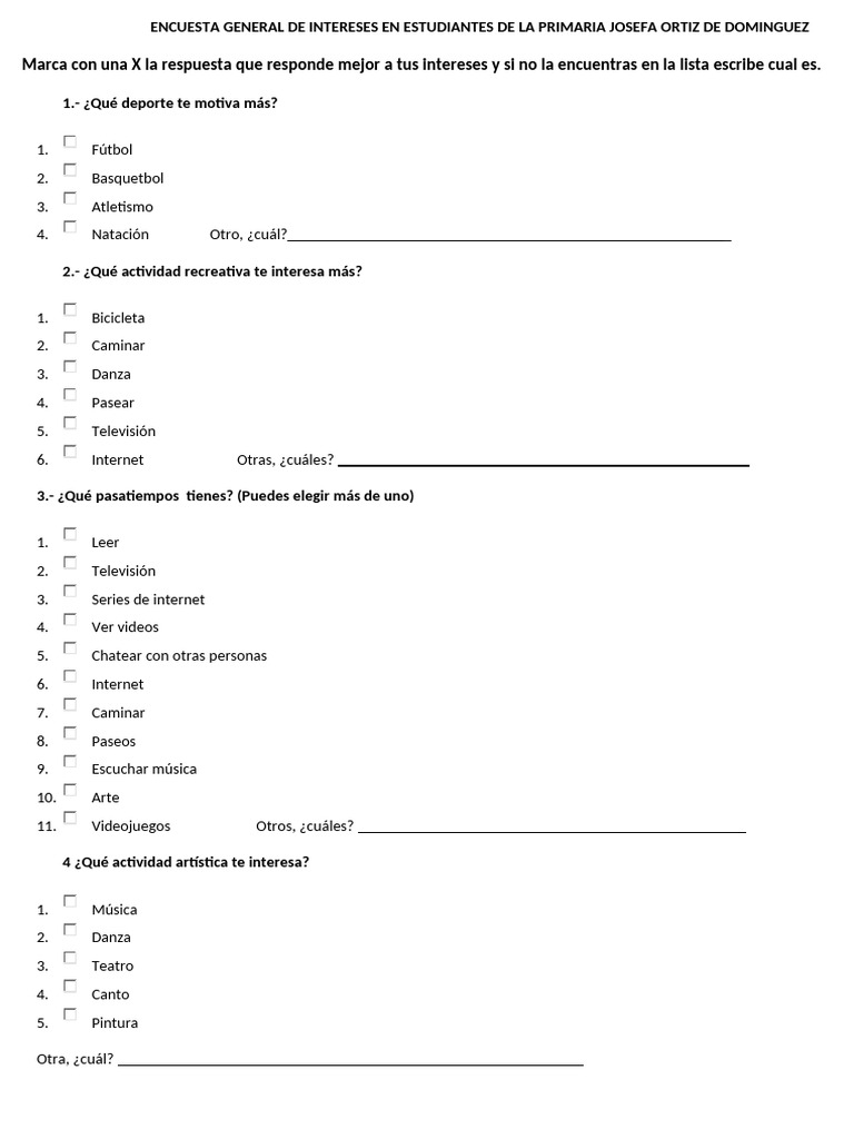 Encuesta General de Intereses Primaria | PDF | Juegos y actividades