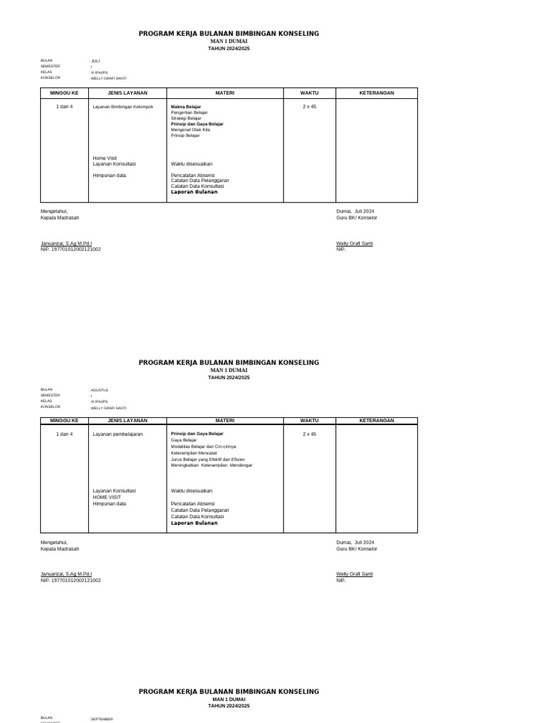 Program Bulanan BK Xi 2024 | PDF