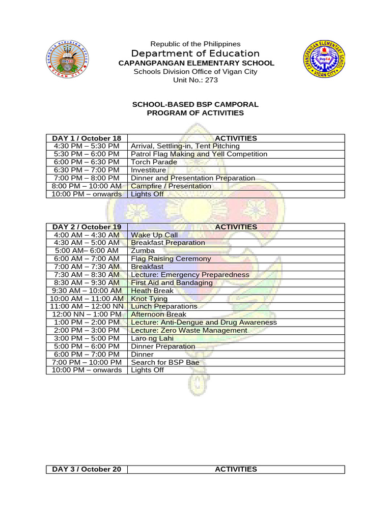 BSP Program of Activities SY2425 | PDF