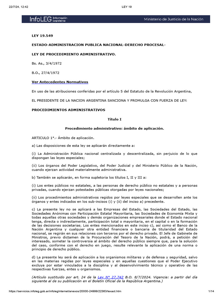 Ley 19549 Actualizada 2024 | PDF | Justicia | Crimen y violencia