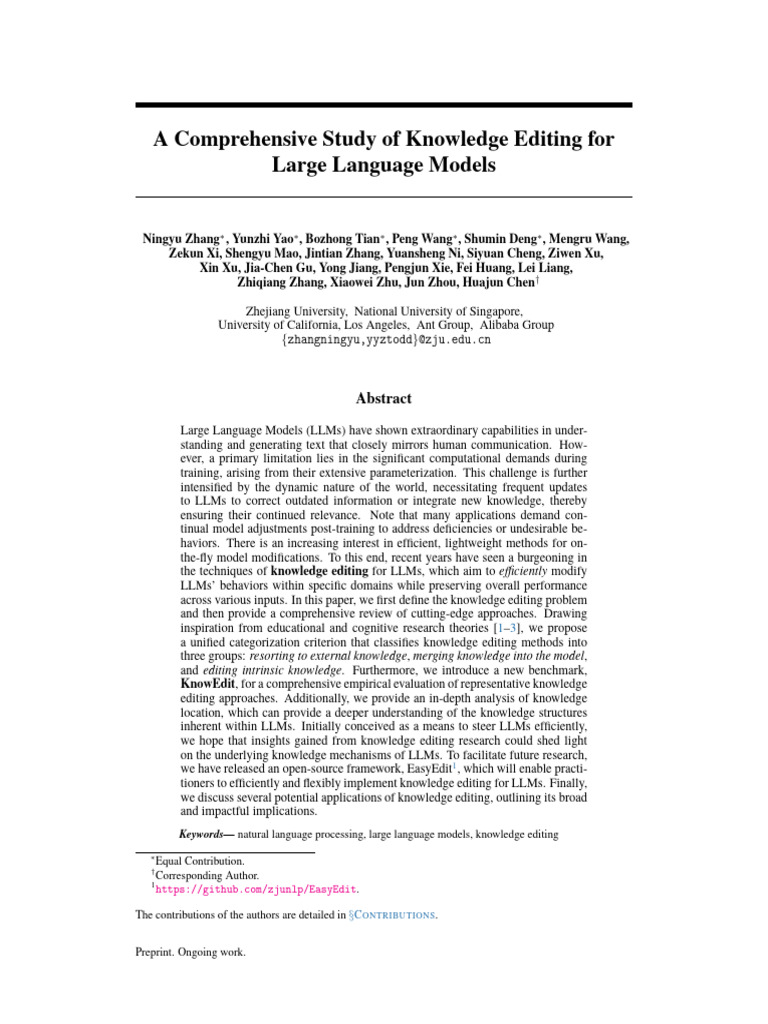 A Comprehensive Study of Knowledge Editing For Large Language Models | PDF | Conceptual Model ...