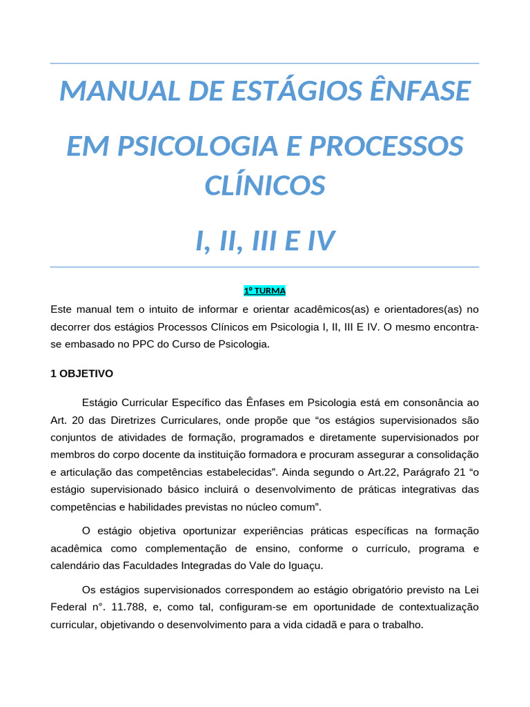 MANUAL DE ESTÁGIOS ÊNFASE Psicologia e Processos Clínicos COM TODOS OS ...