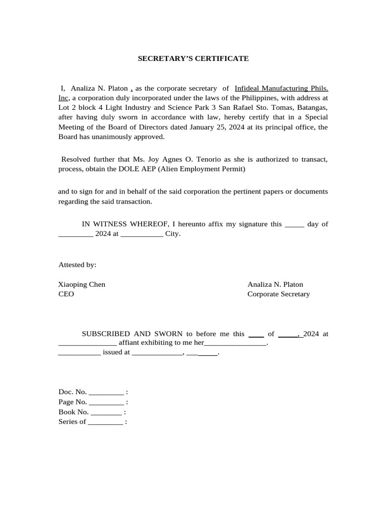 Secretarys Certificate AEP | PDF