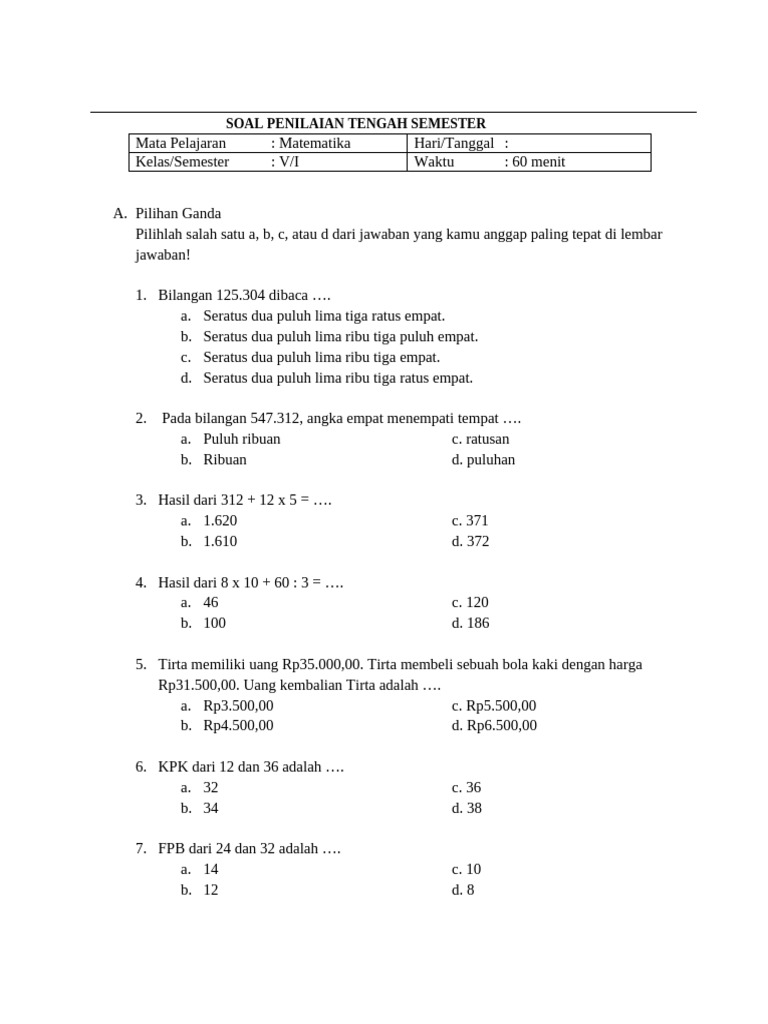 Soal-Sumatif-1-Kelas-5-Matematika | PDF