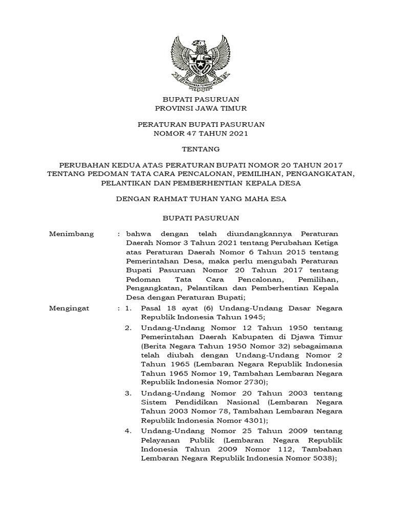 Peraturan Bupati Nomor 47 Tahun 2021 Tentang Perubahan Kedua Atas ...