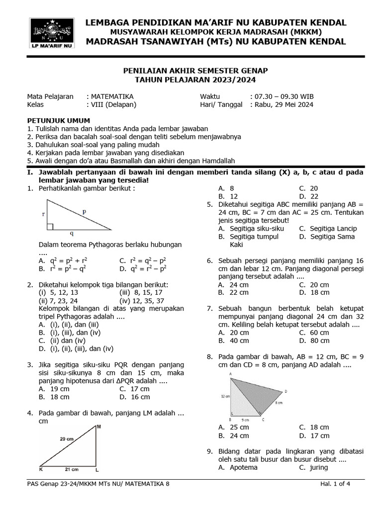 Soal PAT Matematika VIII TP. 2023-2024-HASIL EDIT | PDF
