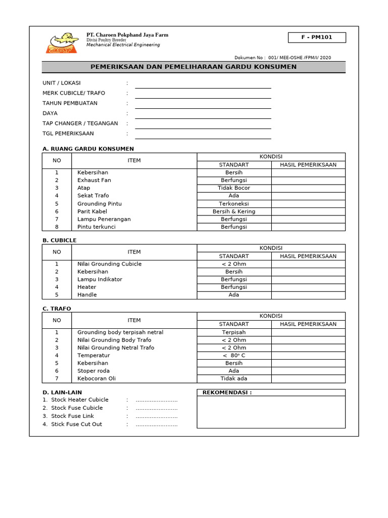 F - PM101 - Monthly - Form PM Cubicle & Trafo | PDF