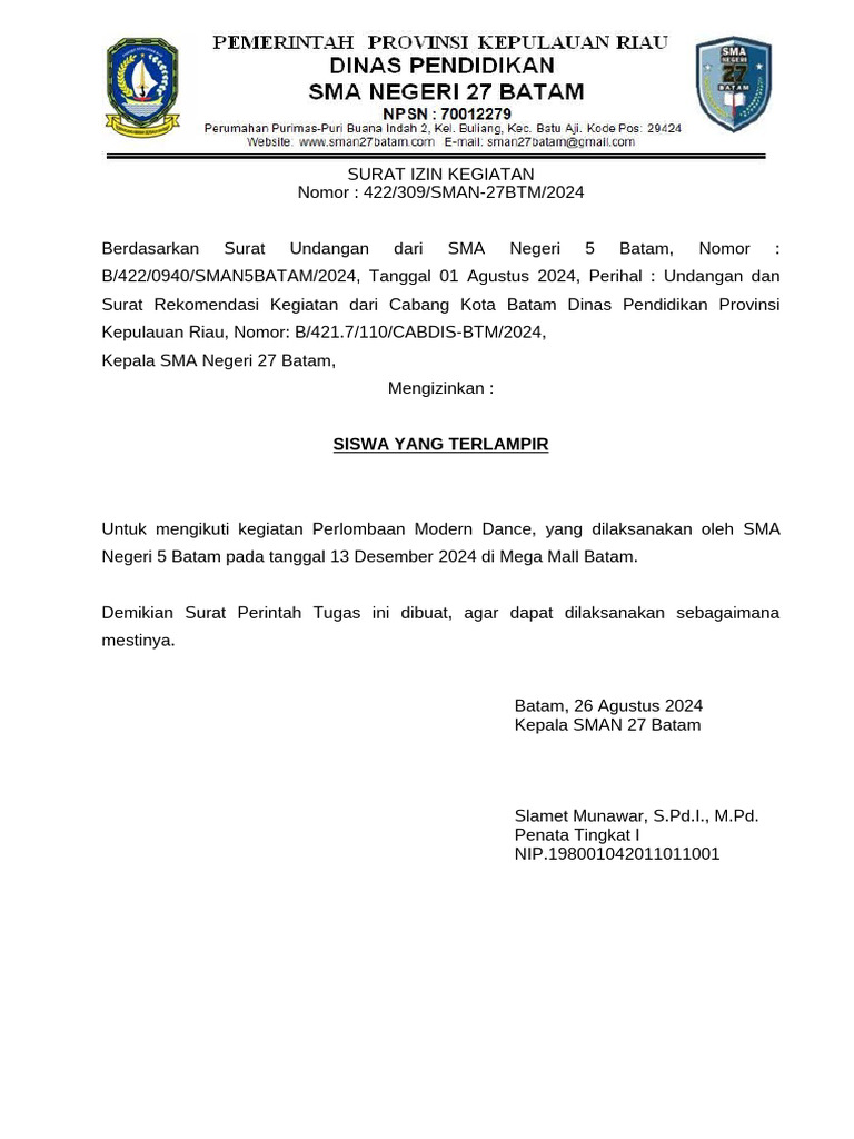 Surat Izin Acara Siswa Keluar Sekolah Lampiran | PDF