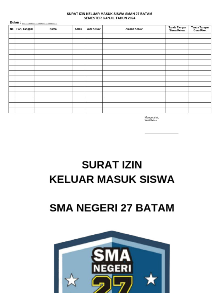 Surat Izin Keluar Masuk Siswa Sman 27 Batam | PDF