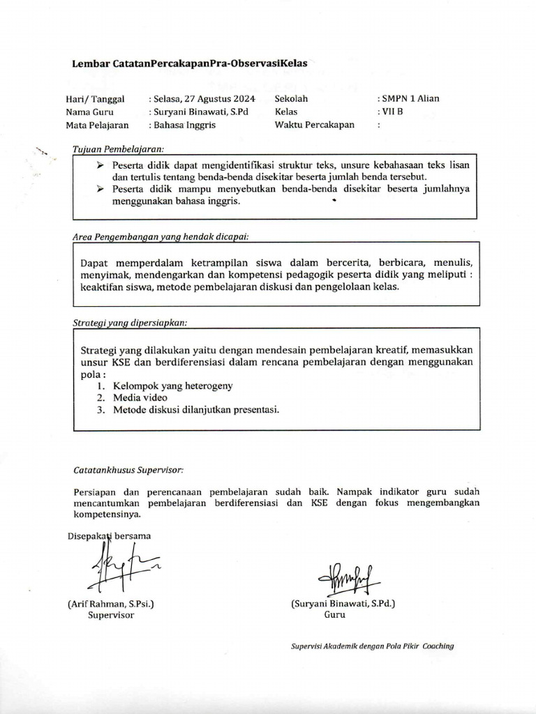 Lembar Percakapan Pra Observasi, Observasi Di Kelas, Dan Screen Shoot ...