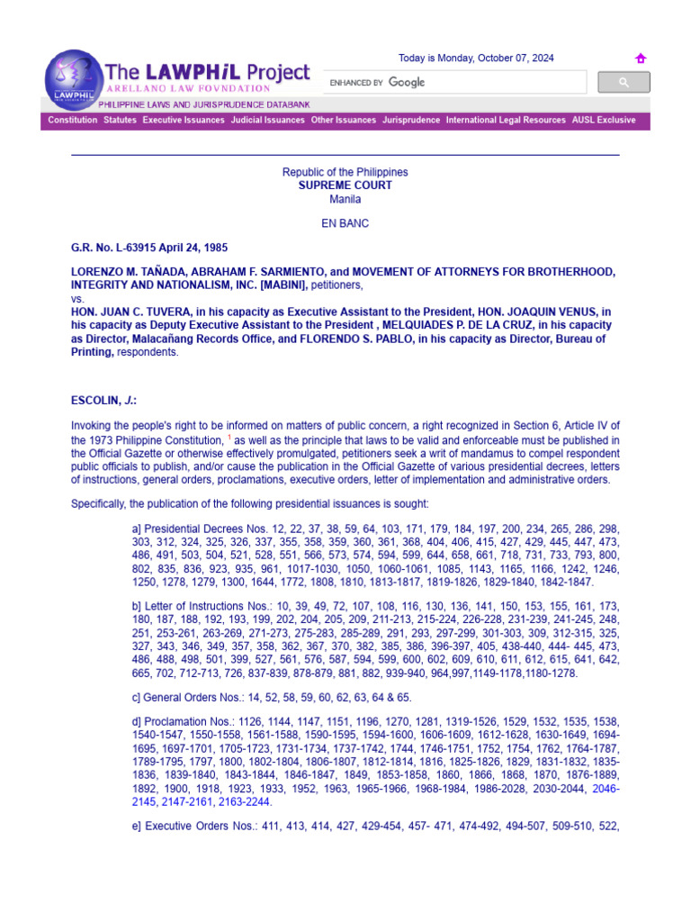 G.R. No. L-63915 Tanada Vs Tuvera | PDF