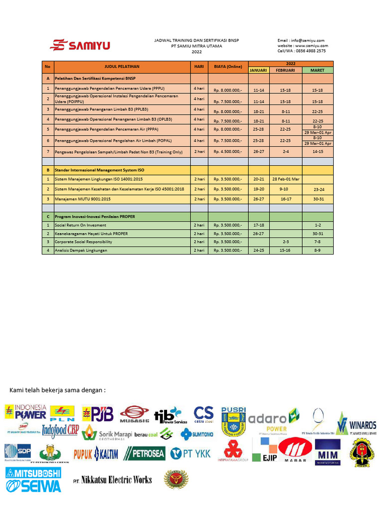 Jadwal Training Dan Sertifikasi BNSP PT Samiu Mitra Utama Tahun 2022 | PDF