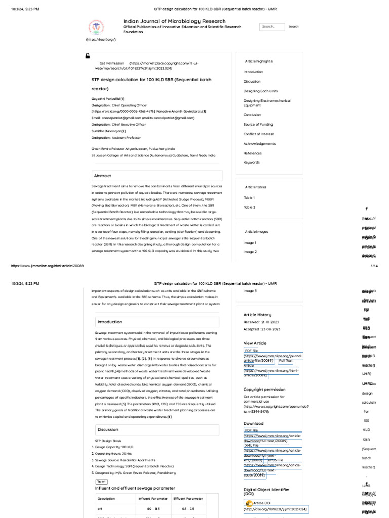 STP Design Calculation For 100 KLD SBR (Sequential Batch Reactor) | PDF