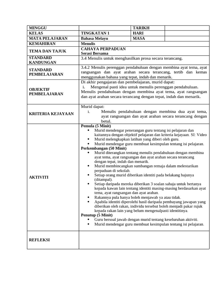 RPH Bahasa Melayu Tingkatan 1 Serasi Bersama | PDF