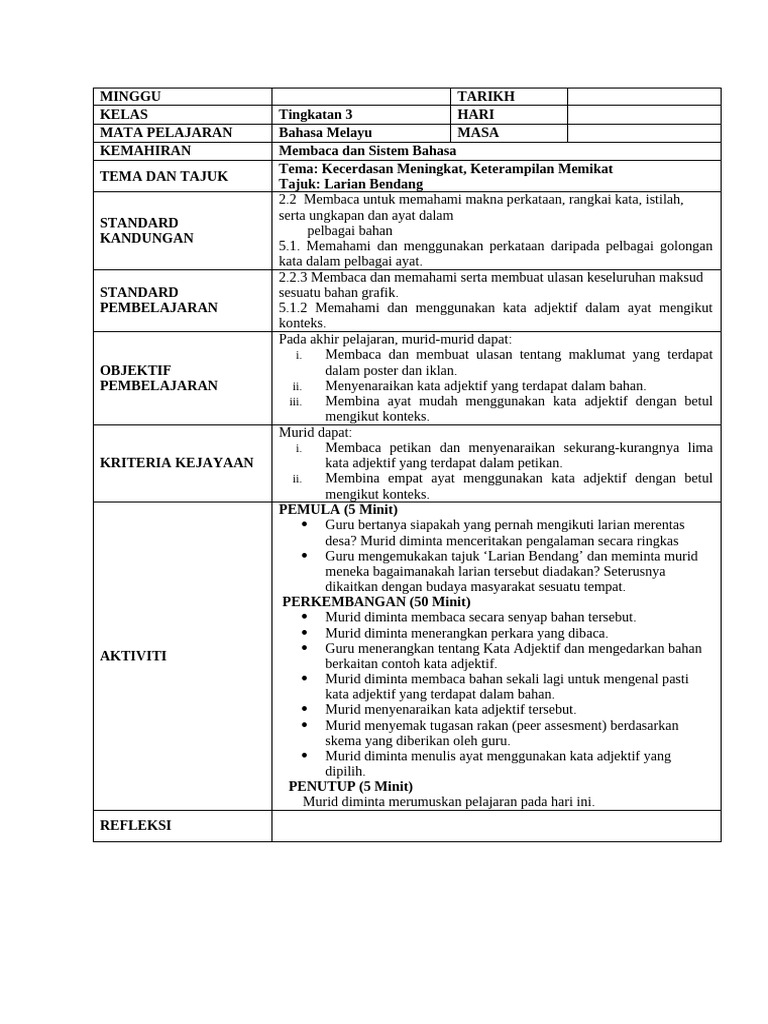 RPH Bahasa Melayu Tingkatan 3 Tajuk Larian Bendang | PDF